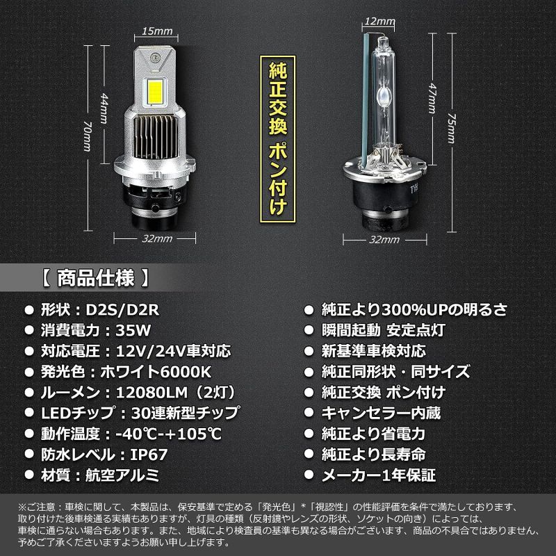 LED ヘッドライト D2S/R 兼用 HIDをLED化 爆光 車検対応 純正同サイズ 車種を問わず ポン付け可 ホワイト 6000K 35W 12080LM DC12V/24V車対応可 ...